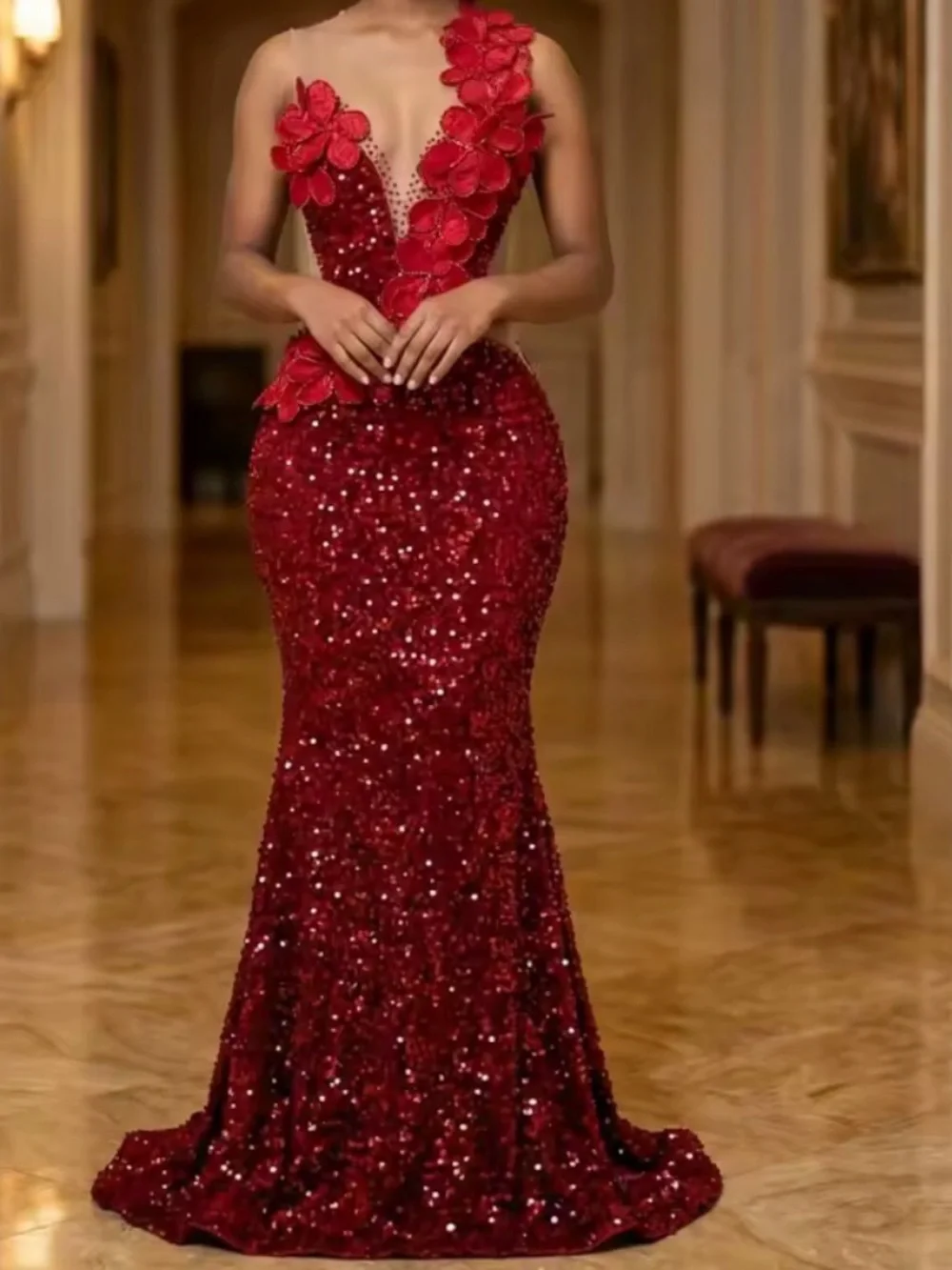 Dresses | Red Sequin Floral Applique Evening Gown | Poshmark